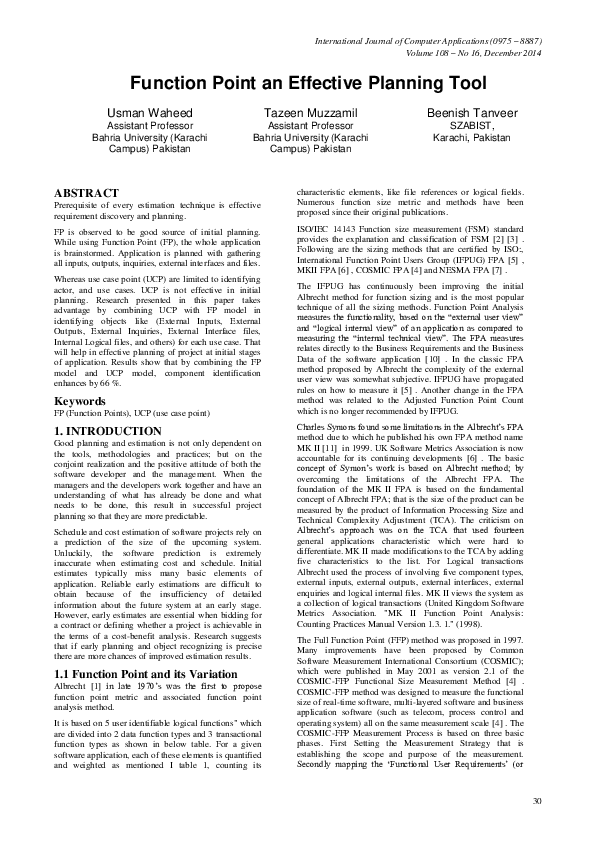 (PDF) Function Point an Effective Planning Tool