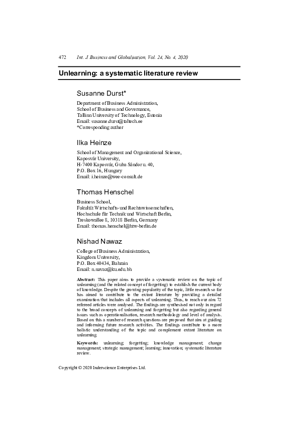 (PDF) Unlearning: a systematic literature review