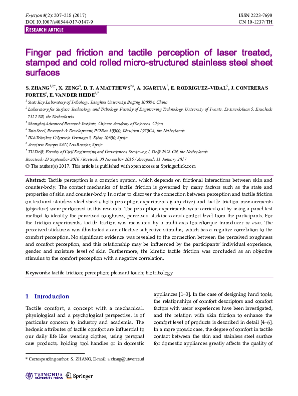 (PDF) Finger pad friction and tactile perception of laser treated ...
