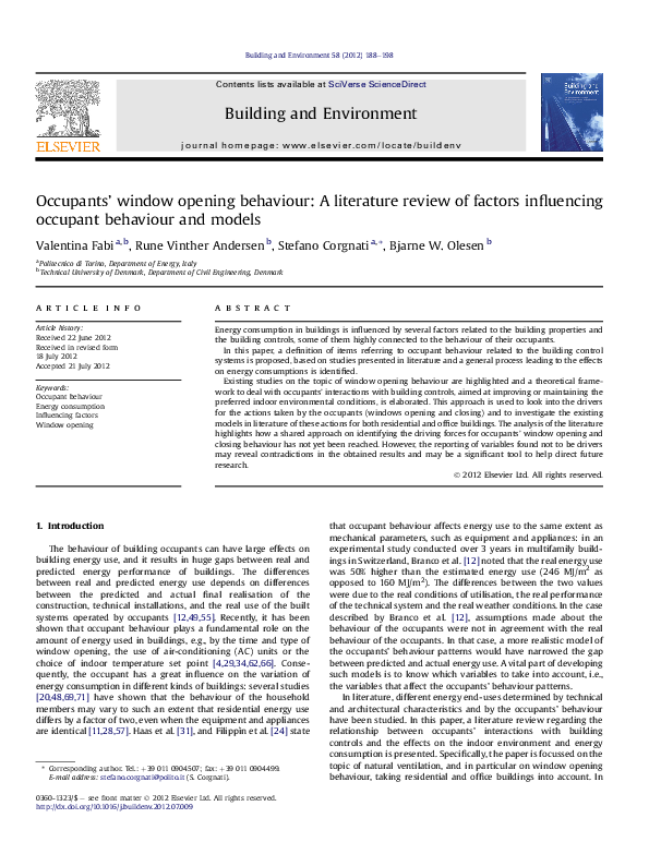 Pdf Occupants Window Opening Behaviour A Literature Review Of Factors Influencing Occupant