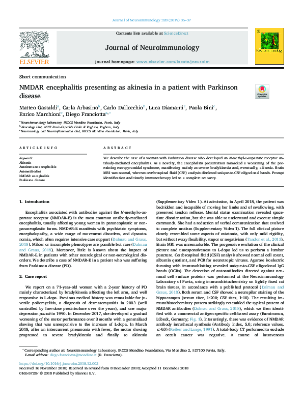 (PDF) NMDAR encephalitis presenting as akinesia in a patient with ...