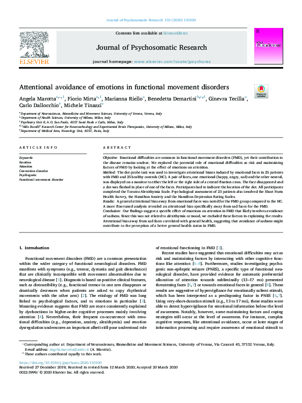 (PDF) Attentional avoidance of emotions in functional movement disorders