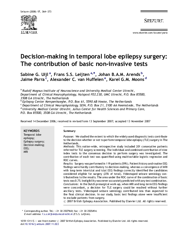 (PDF) Decision-making in temporal lobe epilepsy surgery: The ...