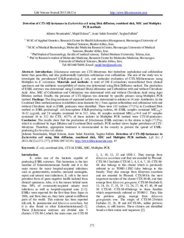 (PDF) Detection of CTX-Mβ-lactamase in Escherichia coli using Disk ...