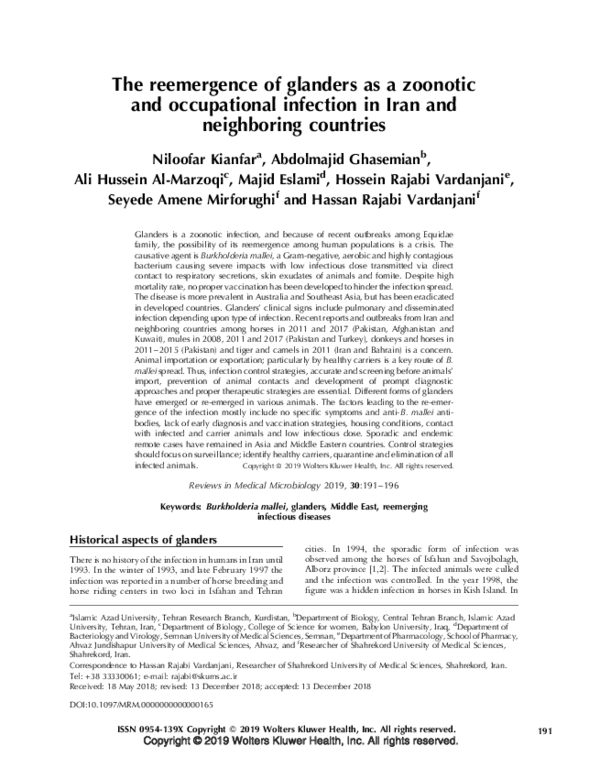 (PDF) The reemergence of glanders as a zoonotic and occupational ...