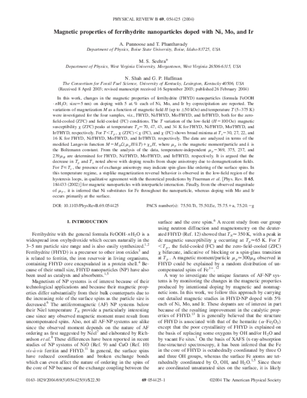 (PDF) Magnetic properties of ferrihydrite nanoparticles doped with Ni, Mo, and Ir