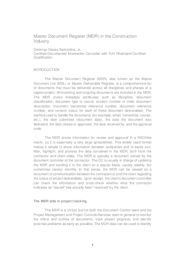 (PDF) Simplified Master Document Register (MDR) in the Construction ...