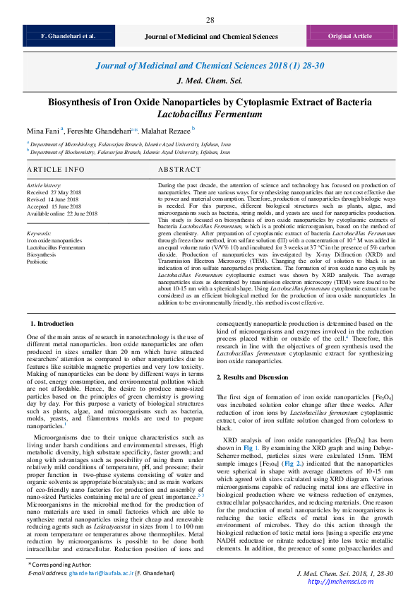 (PDF) Biosynthesis of Iron Oxide Nanoparticles by Cytoplasmic Extract of Bacteria Lactobacillus ...