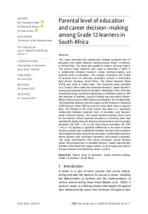 (PDF) Parental level of education and career decision-making among ...
