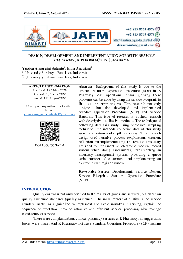 (PDF) Design, Development and Implementation Sop with Service Blueprint, K Pharmacy in Surabaya