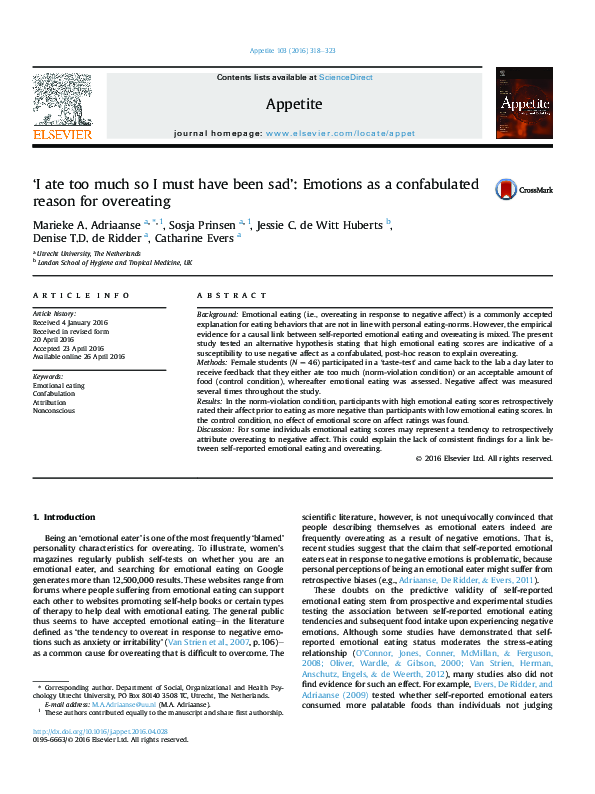 (PDF) I ate too much so I must have been sad': Emotions as a ...