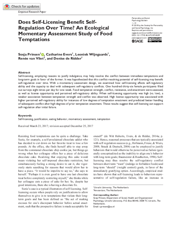 (PDF) Does Self-Licensing Benefit Self-Regulation Over Time? An Ecological Momentary Assessment ...