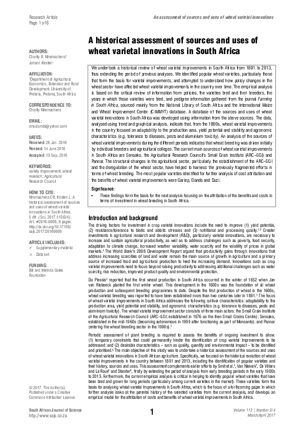 (PDF) historical assessment of sources and uses of wheat varietal ...