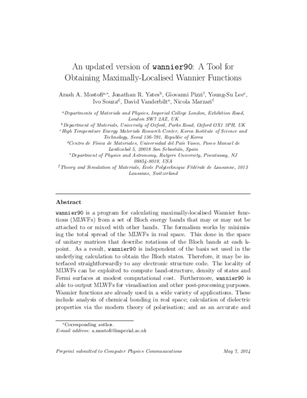 (PDF) An updated version of wannier90: A tool for obtaining maximally-localised Wannier functions