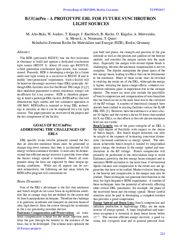 (PDF) BERLinPro A Prototype ERL for Future Synchrotron Light Sources