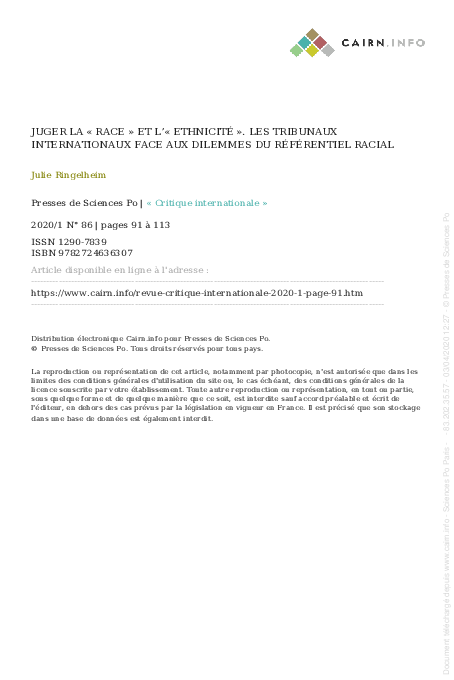 (PDF) Juger la "race" et l'"ethnicité". Les tribunaux internationaux ...
