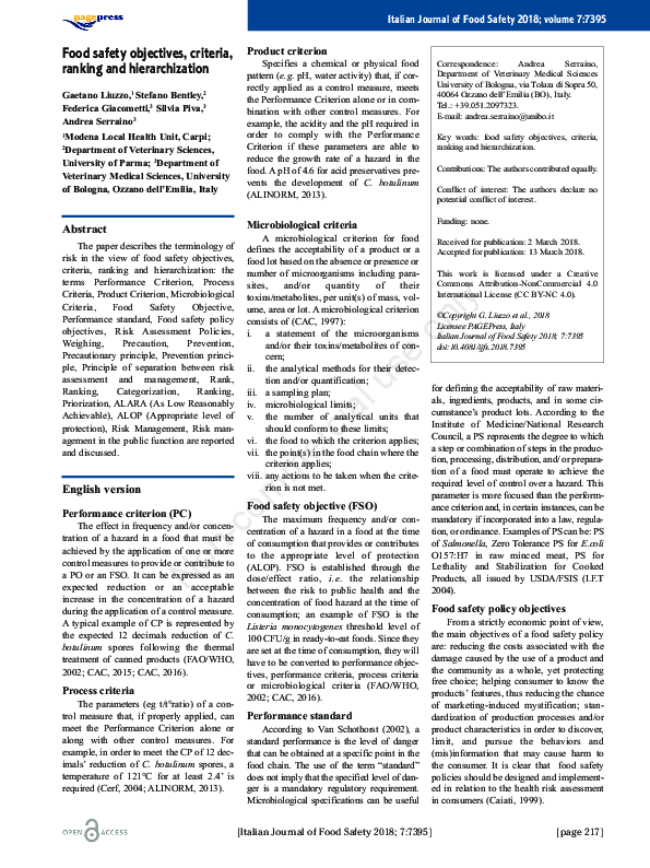 (PDF) Food safety objectives, criteria, ranking and hierarchization