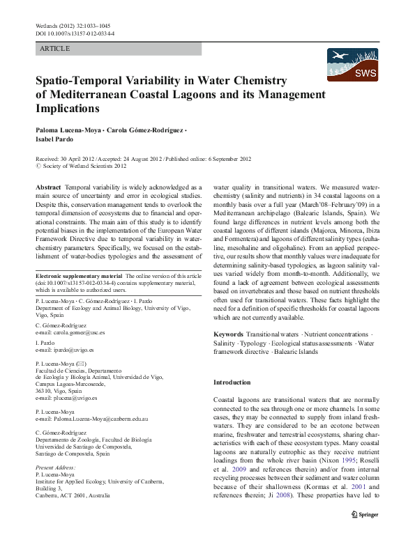 (PDF) Spatio-Temporal Variability in Water Chemistry of Mediterranean Coastal Lagoons and its ...