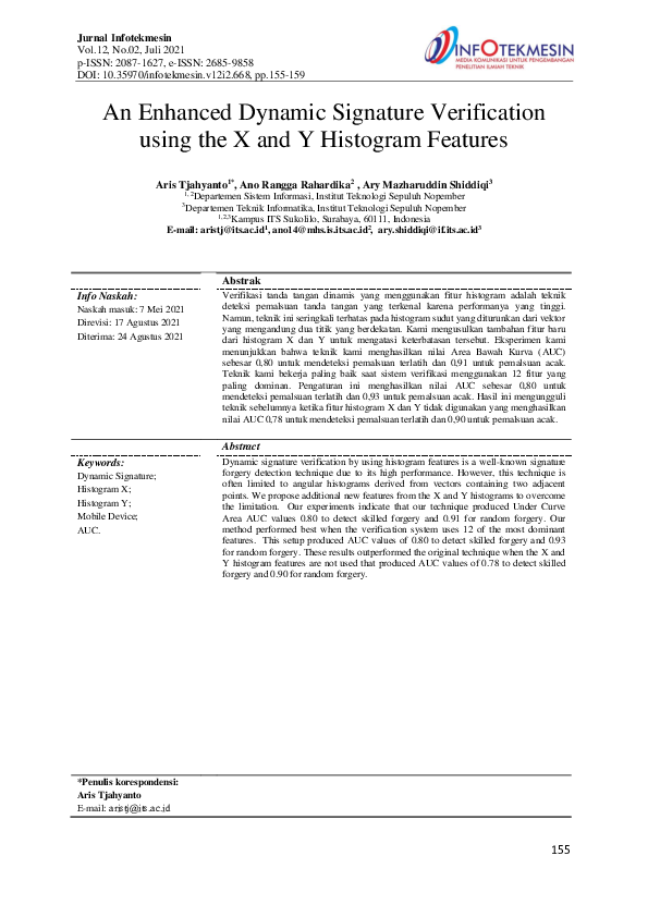 Pdf An Enhanced Dynamic Signature Verification Using The X And Y Histogram Features
