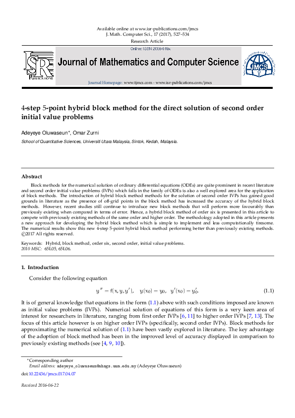 (PDF) 4 -Step 5-POINT Hybrid Block Method for the Direct Solution of Second Order Initial Value ...