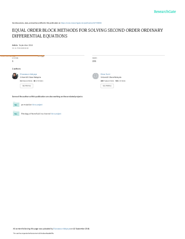 (PDF) Equal Order Block Methods for Solving Second Order Ordinary ...
