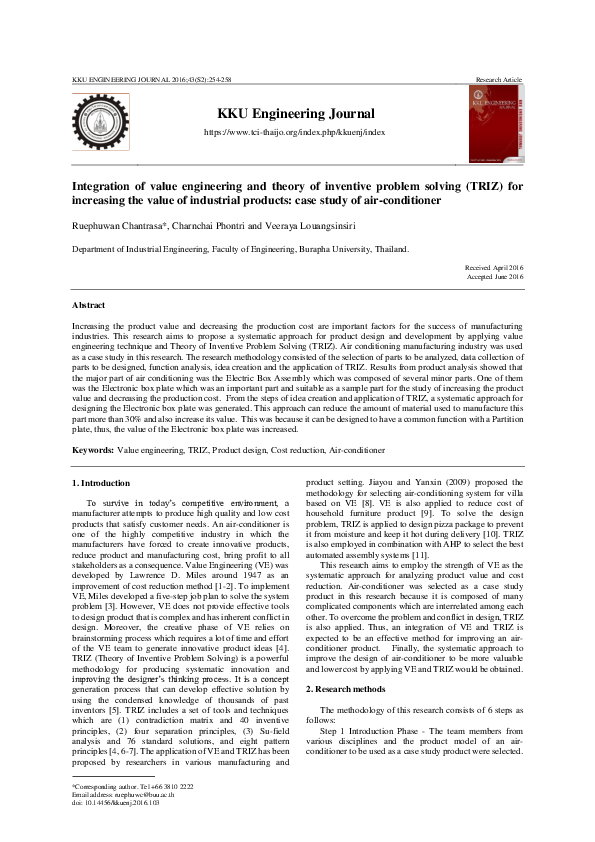 (PDF) Integration of value engineering and theory of inventive problem solving (TRIZ) for ...