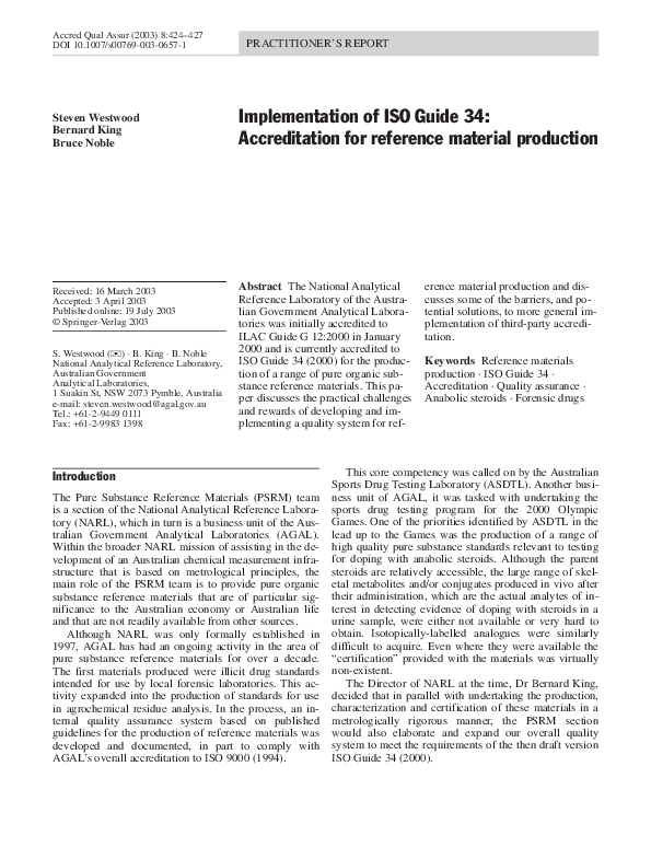 (PDF) Implementation of ISO Guide 34: Accreditation for reference material production