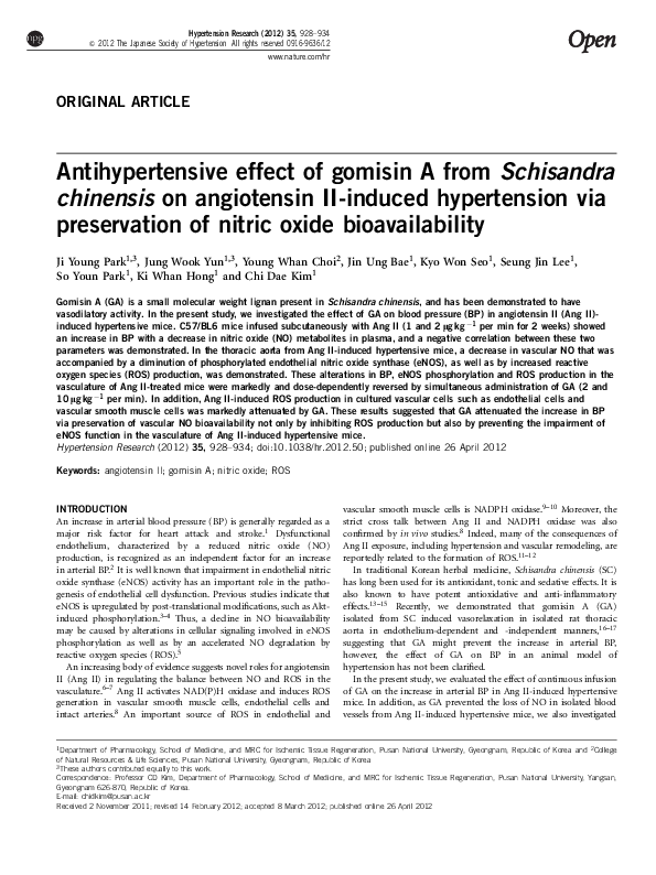 Pdf Gomisin A Reduces Hypertension By Preserving Nitric Oxide