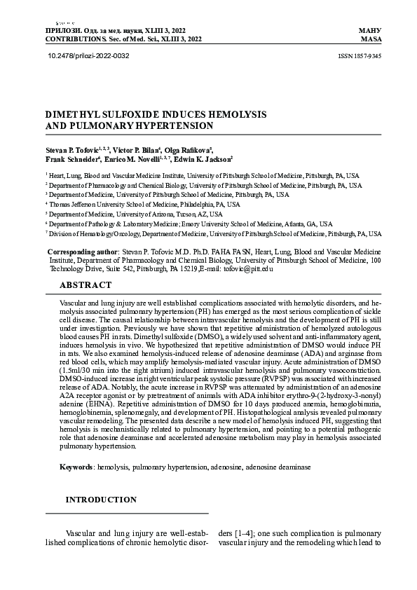 (PDF) Dimethyl Sulfoxide Induces Hemolysis and Pulmonary Hypertension