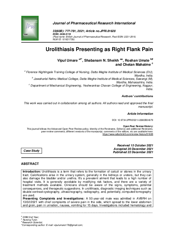 (PDF) Urolithiasis Presenting as Right Flank Pain