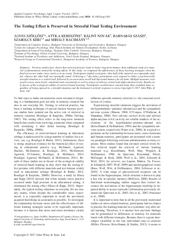 Pdf The Testing Effect Is Preserved In Stressful Final Testing Environment 