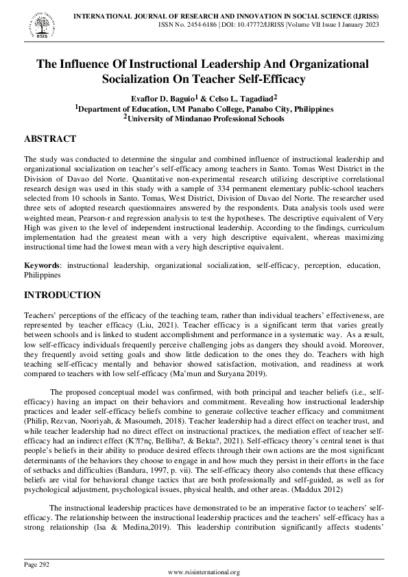 (PDF) The Influence Of Instructional Leadership And Organizational Socialization On Teacher Self ...