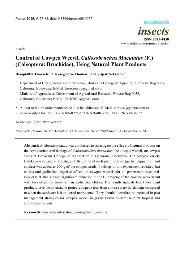 (PDF) Article Control of Cowpea Weevil, Callosobruchus Maculatus (F ...