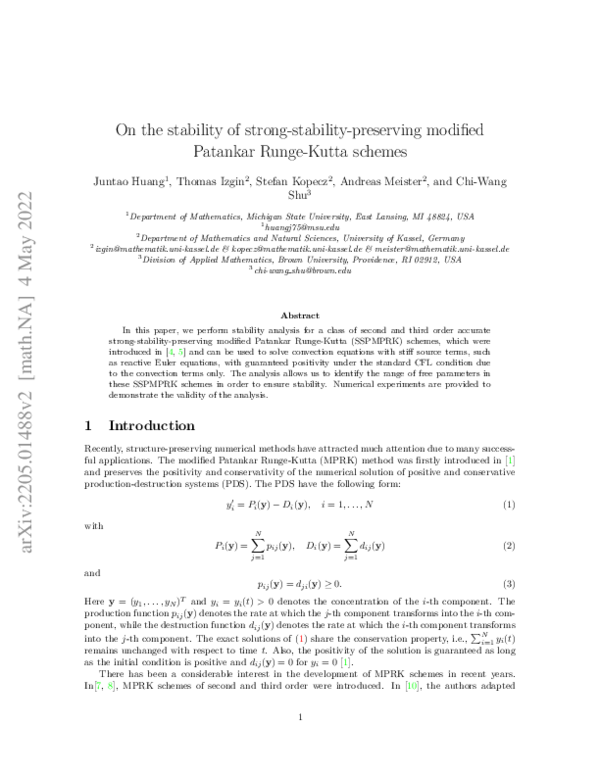 (PDF) On the stability of strong-stability-preserving modified Patankar Runge-Kutta schemes