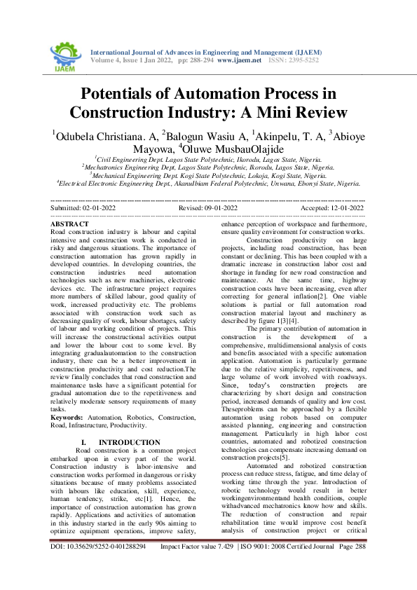 (PDF) Potentials of Automation Process in Construction Industry: A Mini ...