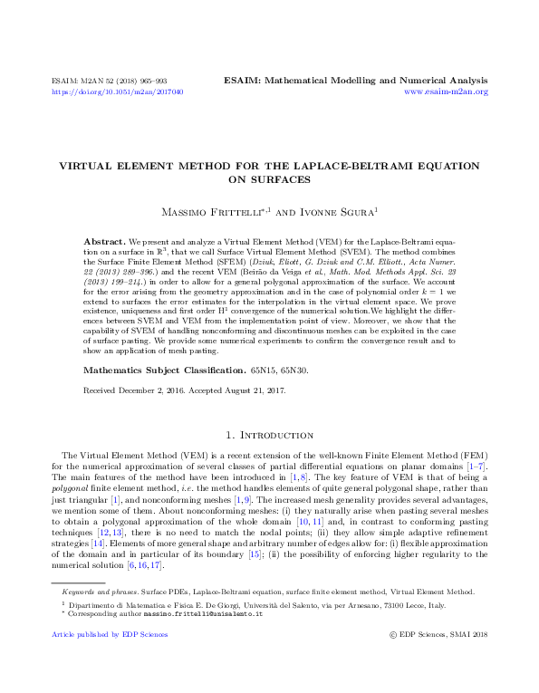 (PDF) Virtual Element Method for the Laplace-Beltrami equation on surfaces