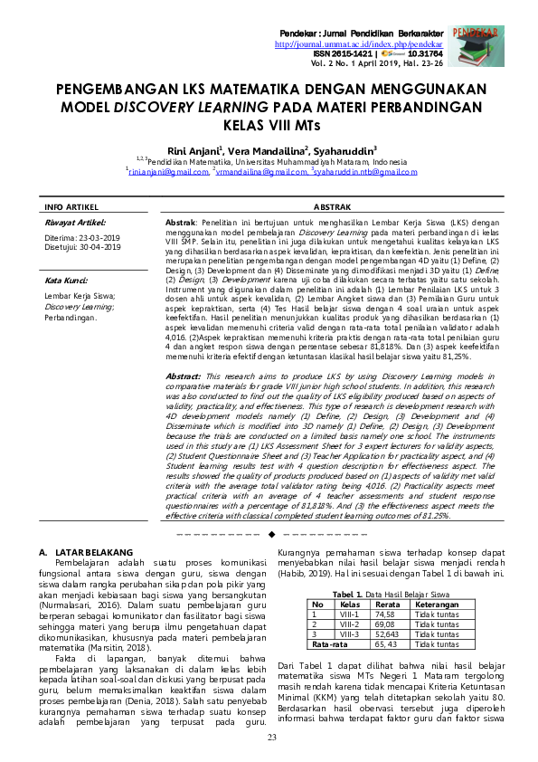 (PDF) PENGEMBANGAN LKS MATEMATIKA DENGAN MENGGUNAKAN MODEL DISCOVERY LEARNING PADA MATERI ...