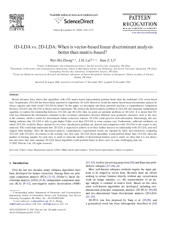 Pdf 1d Lda Vs 2d Lda When Is Vector Based Linear Discriminant Analysis Better Than Matrix Based