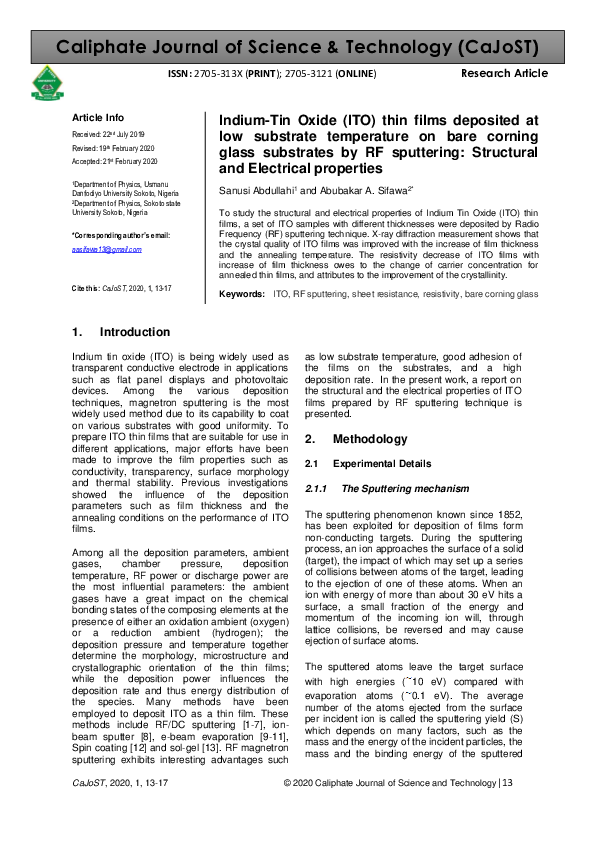 (PDF) Indium-Tin Oxide (ITO) thin films deposited at low substrate ...