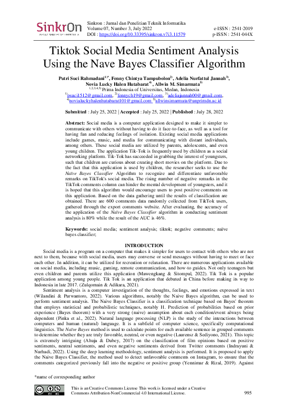 Pdf Tiktok Social Media Sentiment Analysis Using The Nave Bayes Classifier Algorithm