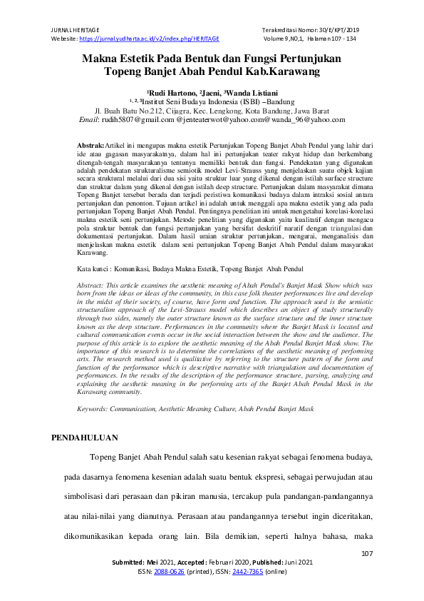 (PDF) Makna Estetik Pada Bentuk Dan Fungsi Pertunjukan Topeng Banjet Abah Pendul KAB.KARAWANG