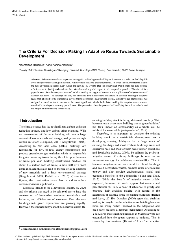 Pdf The Criteria For Decision Making In Adaptive Reuse Towards Sustainable Development