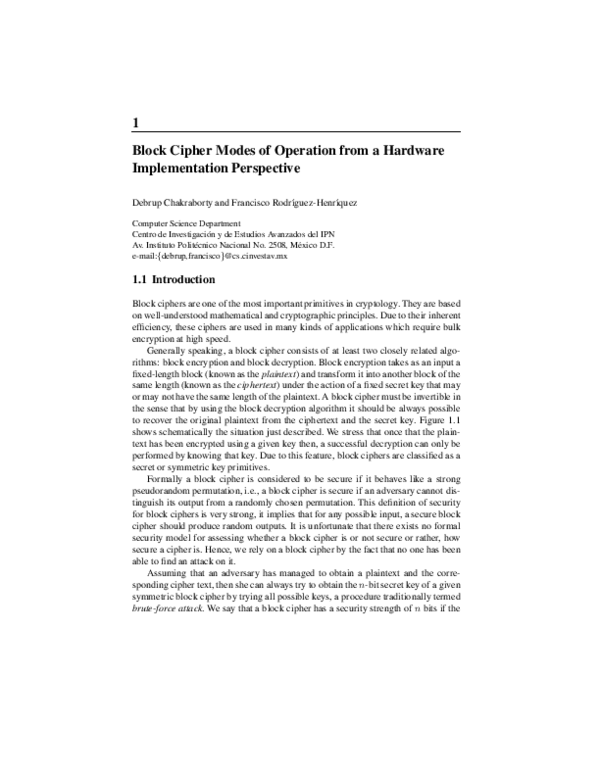 Pdf Block Cipher Modes Of Operation From A Hardware Implementation Perspective