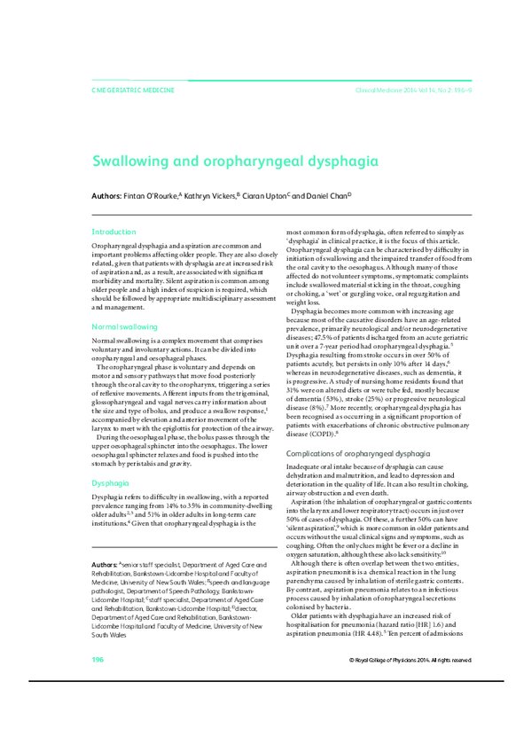 (PDF) Swallowing and oropharyngeal dysphagia
