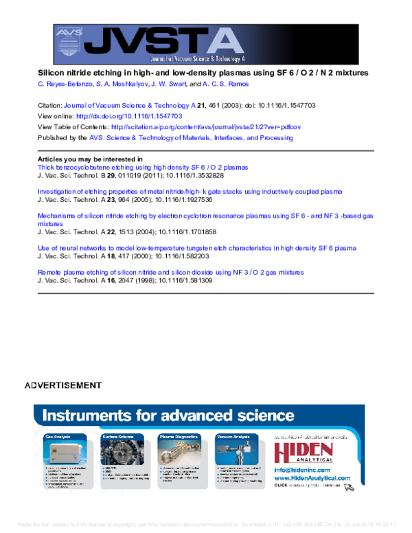 (PDF) Silicon nitride etching in high- and low-density plasmas using ...