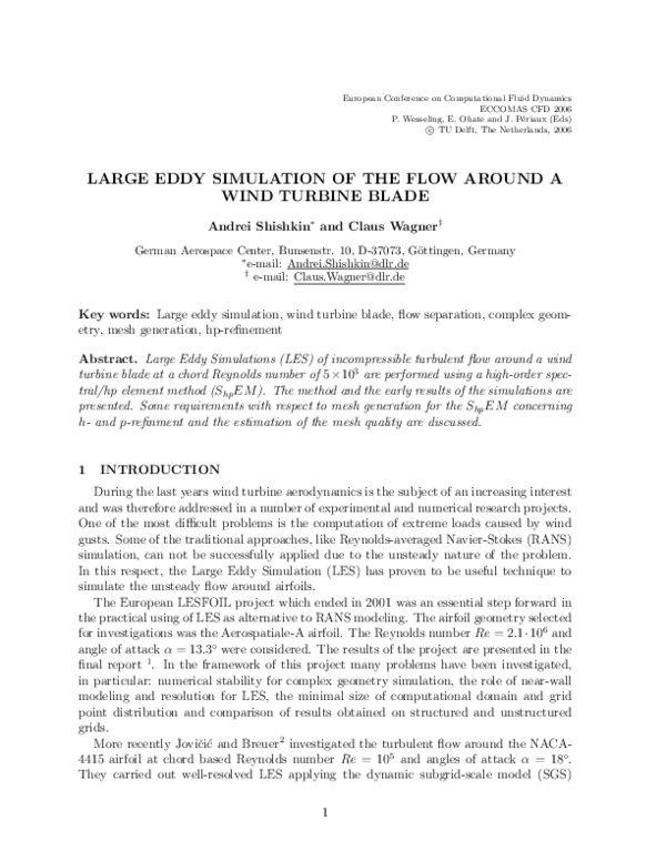 (PDF) Large Eddy Simulation of the flow around a wind turbine blade