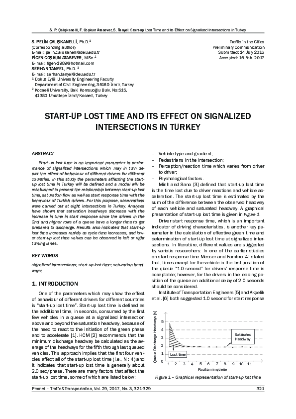 (PDF) Start-up Lost Time and its Effect on Signalized Intersections in Turkey