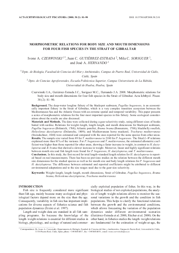 (PDF) Morphometric relations for body size and mouth dimensions for ...