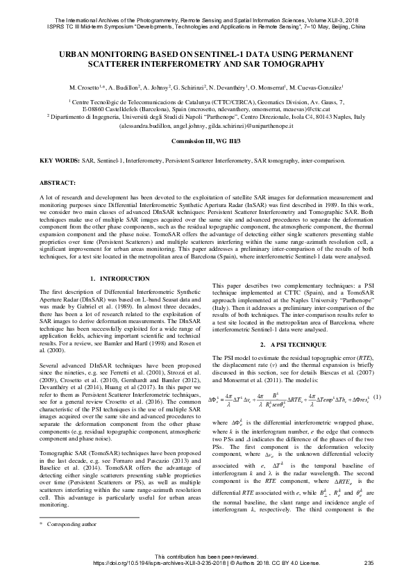 (PDF) Urban Monitoring Based on SENTINEL-1 Data Using Permanent ... (PDF) Urban Monitoring Based on SENTINEL-1 Data Using Permanent ...