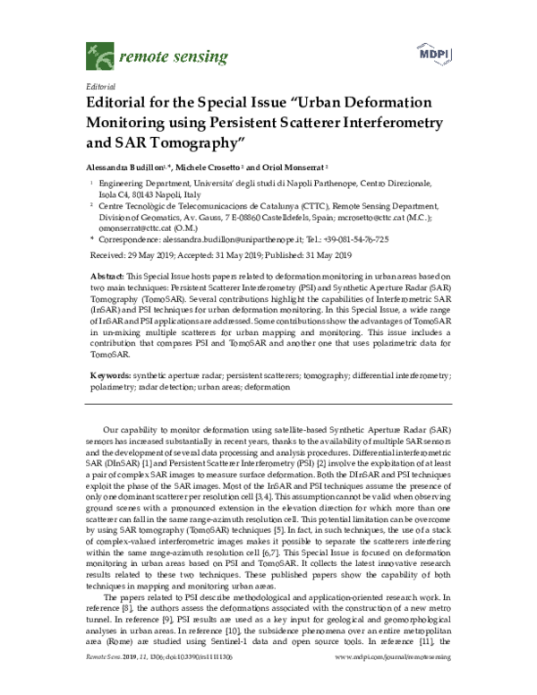 (PDF) Editorial for the Special Issue “Urban Deformation Monitoring using Persistent Scatterer ...
